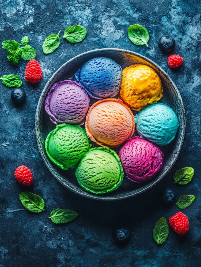 Overhead View of Neon Colored Ice Cream Scoops Arranged on Deep Blue ...