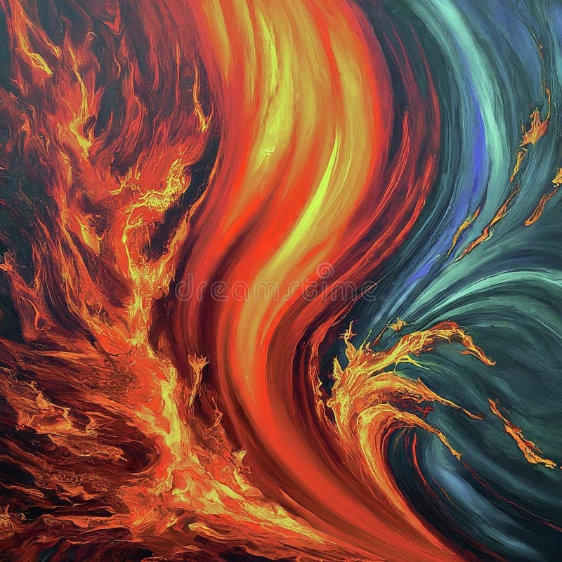 AI Generated Painting Showcasing Huge Flames of Fire and Blue Waves of ...