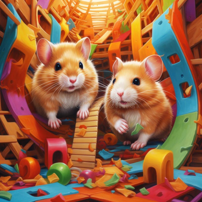 A Pair of Playful Hamsters Exploring a Colorful Maze, Their Tiny Paws ... A Pair of Playful Hamsters Exploring a Colorful Maze, Their Tiny Paws ...