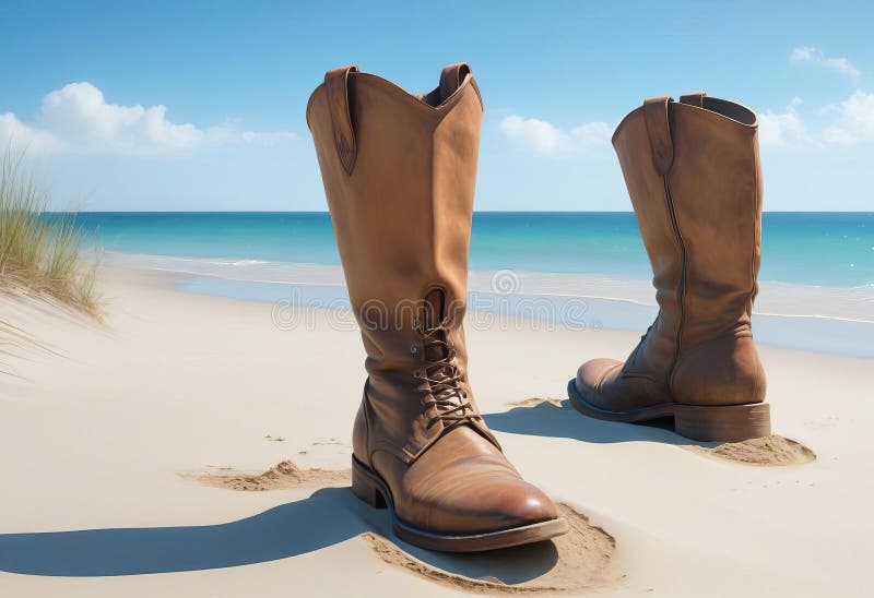 A Pair of Worn Leather Boots Standing in the Sand Stock Illustration ...