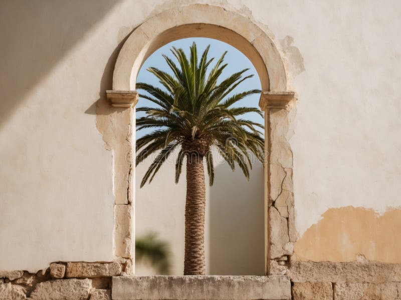 Palm Tree through Arched Window in Distressed Wall. Stock Illustration ...