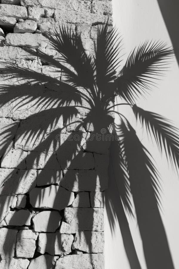 Palm Tree Shadow Cast on a Rough Stone Wall. Stock Photo - Image of ...