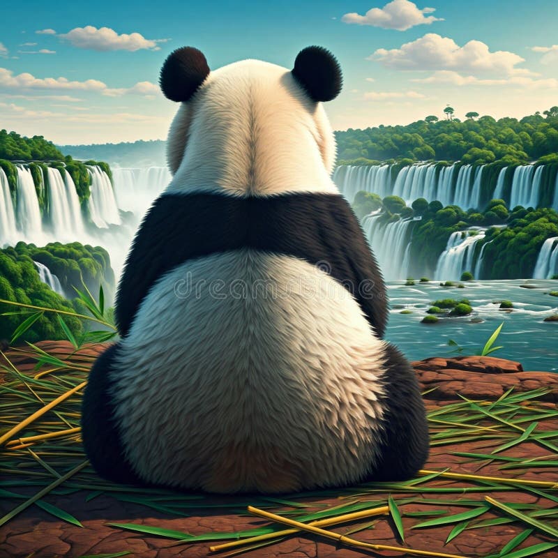 Panda Overlooking Waterfall Landscape Stock Illustration - Illustration ...