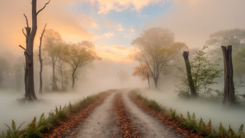 Panoramic Image of a Forest Path in a Fog at Sunrise. Stock Photo ...