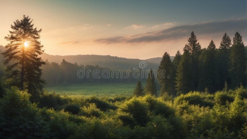 Panoramic View of a Lush Green Forest at Dawn. Stock Illustration ...