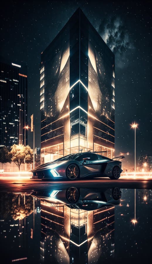 Ai Generated Parked Car in Front of a Towering Skyscraper Stock ...