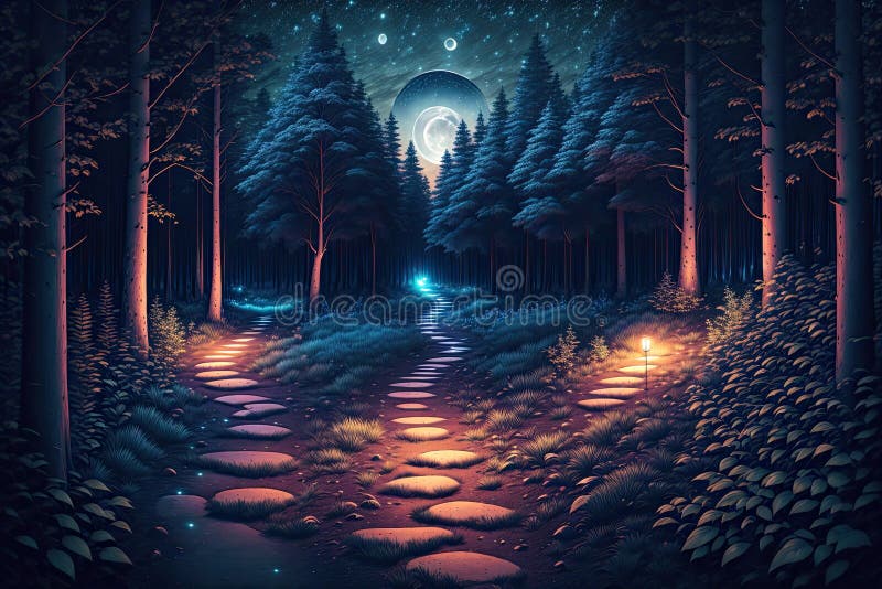 A Path in the Woods with a Full Moon in the Background at Night Time by ...