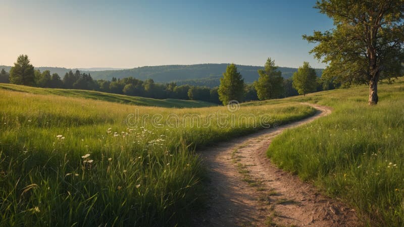 A Peaceful Meadow with a Path Leading into the Horizon. Stock Photo ...