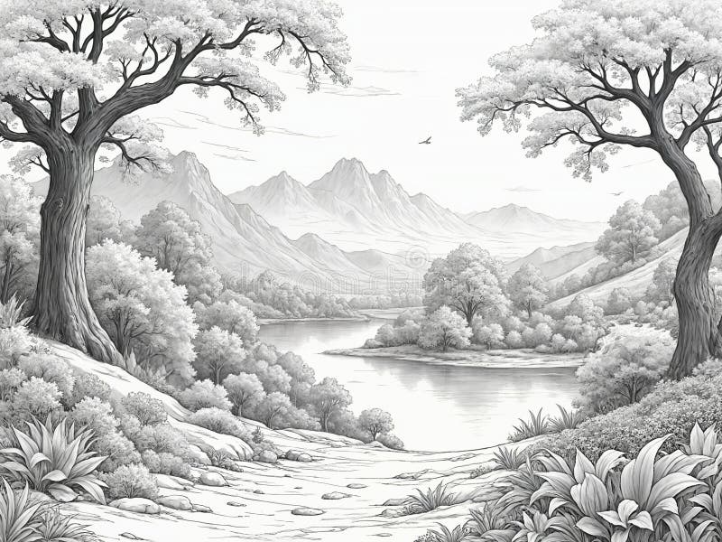 Pencil-art - Line-art Style Landscape Illustration. Stock Illustration ...