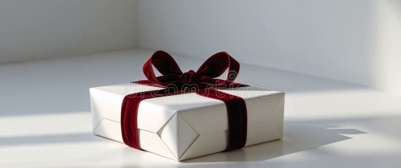 A Perfectly Wrapped Present with a Dark Red Bow on a Surface Stock ...
