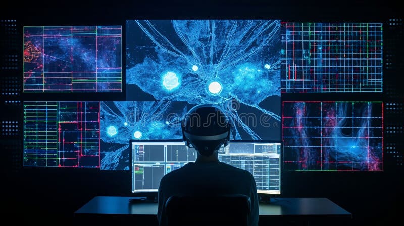 AI Generated Person Looking at Multiple Computer Screens Stock ...