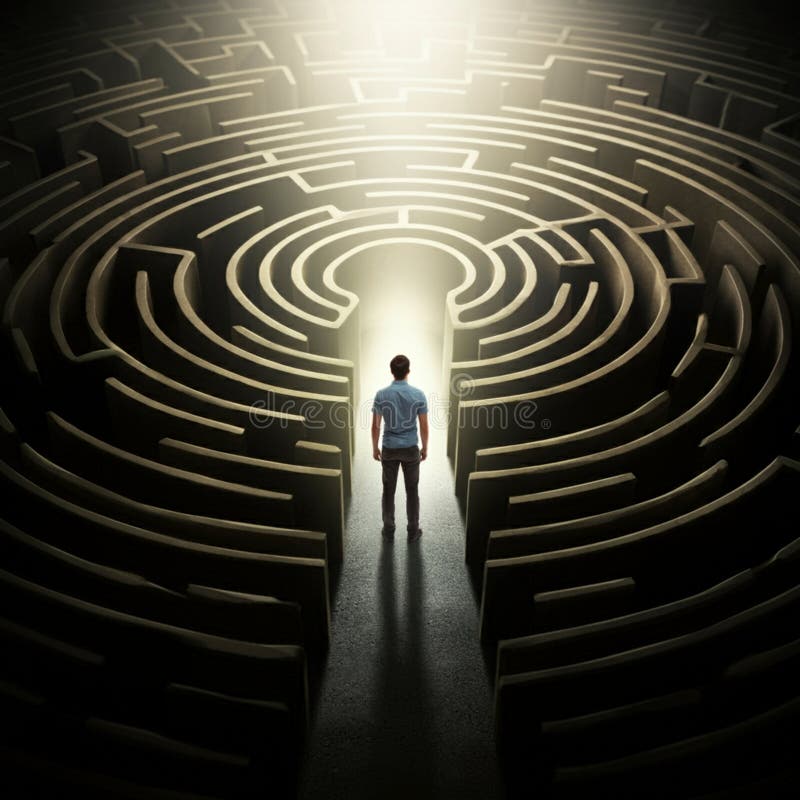 AI-Generated Person Standing at the Center of a Labyrinth Bathed in ...
