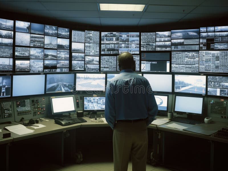 AI Generated Person Standing in Front of Multiple Computer Monitors Stock Illustration ...