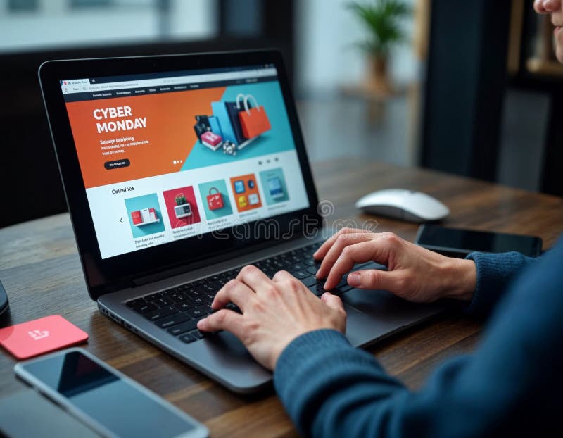 A Person is Using a Laptop with the Cyber in an E-commerce Website on ...