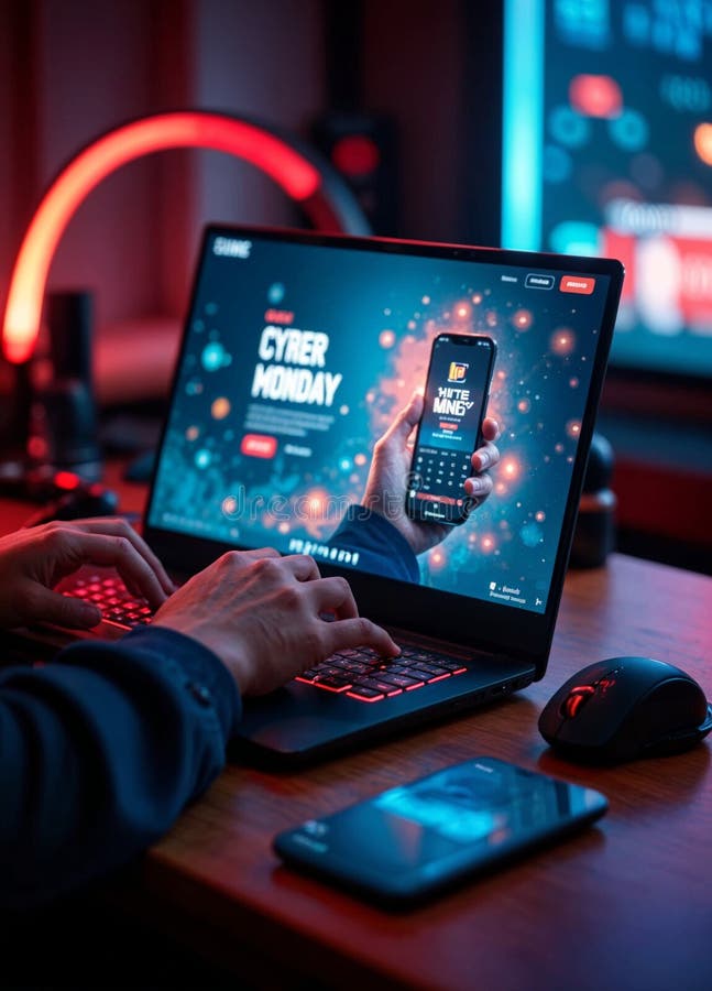 A Person is Using a Laptop with Cyber Monday Poster in a Website on the ...