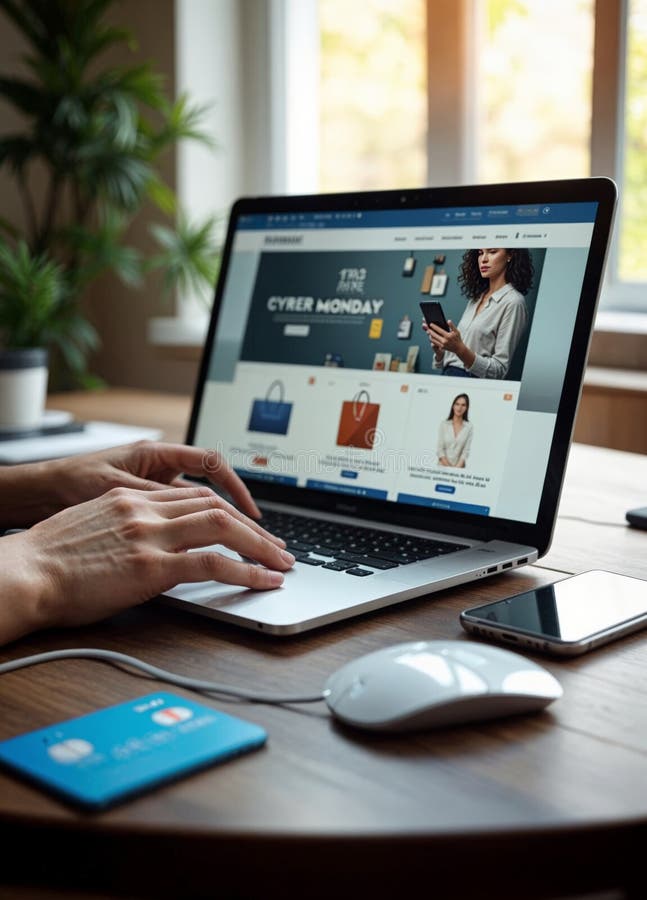 A Person Using a Laptop with a Cyber Monday Web Banner on an Ecommerce ...