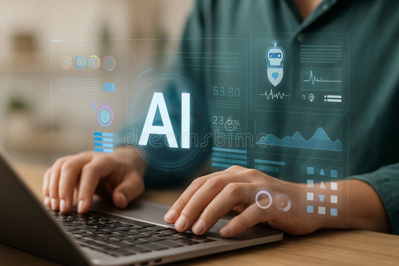 AI Generated a Person Using a Laptop with Floating Holographic AI ...