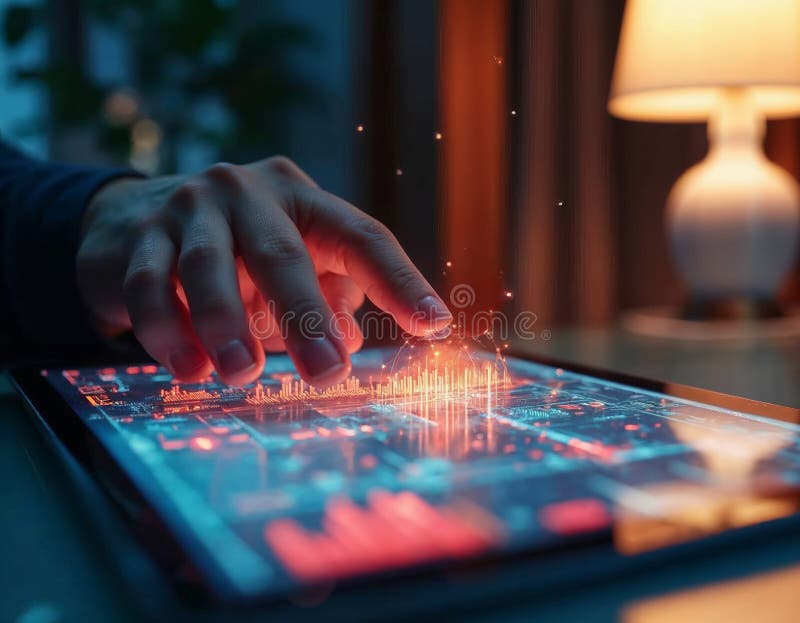 A Person is Using a Tablet with a Digital Display and Hovering Graphs ...