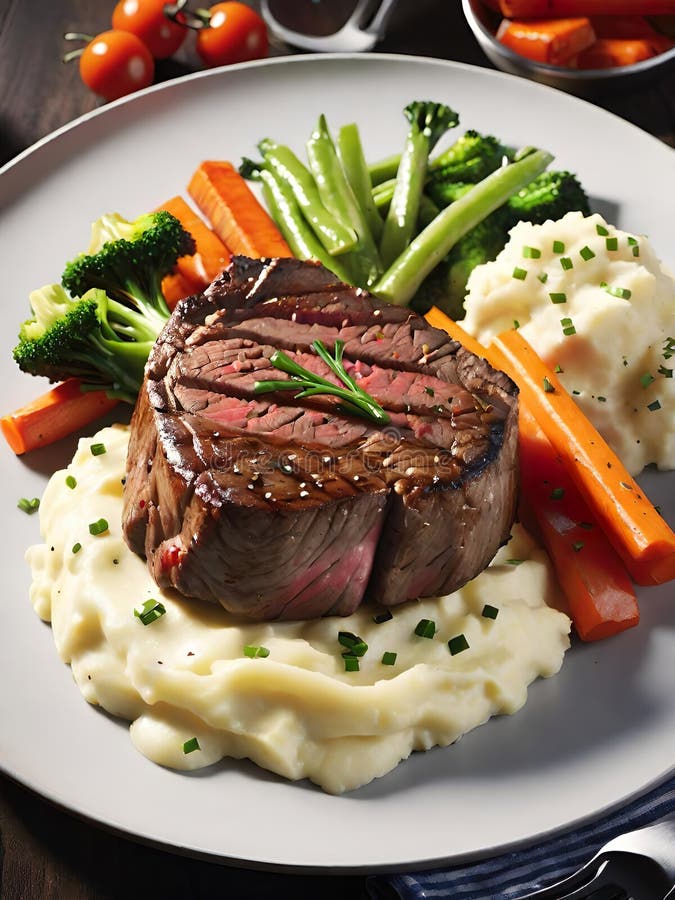Beef Steak with Mashed Potato and Some Vegetables Stock Illustration ...