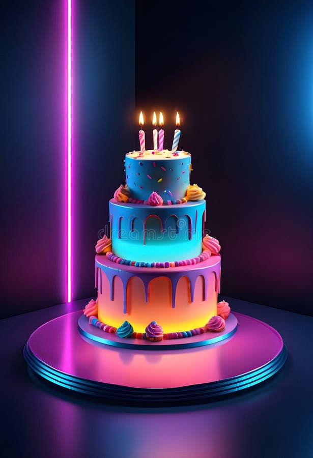 Photo of a Birthday Cake with Neon Lights Stock Illustration ...