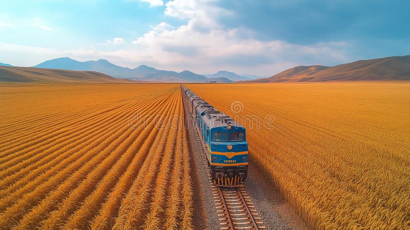 A Train Passes through the Rice Fields in Late Autumn Stock ...