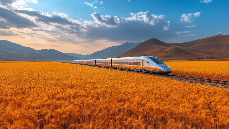 A Train Passes through the Rice Fields in Late Autumn Stock ...
