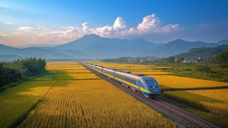 A Train Passes through the Rice Fields in Late Autumn Stock ...