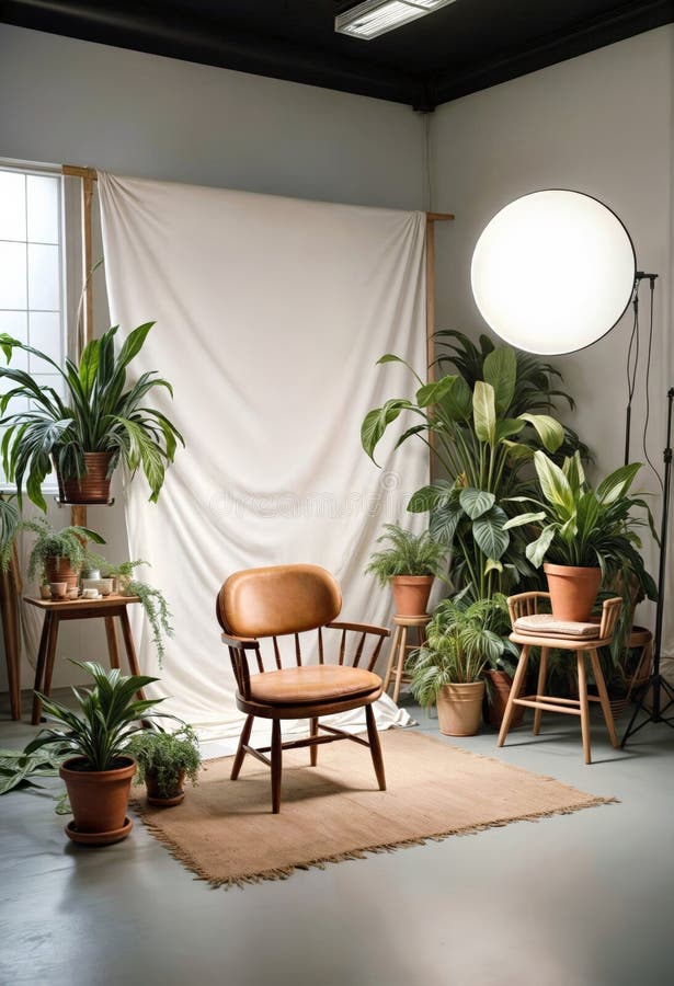 A Photography Studio with Studio Lighting, Plants and a Chair Stock ...