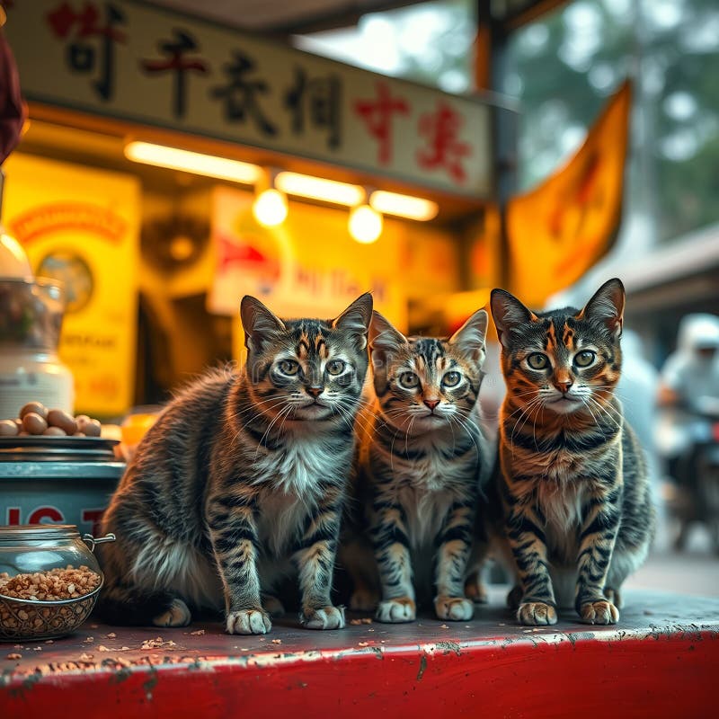 Three Cute Stray Cats in the Street Stock Illustration - Illustration ...