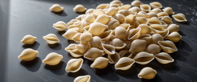 Pile of Golden Shell Shaped Pasta on a Dark Surface Stock Image - Image ...