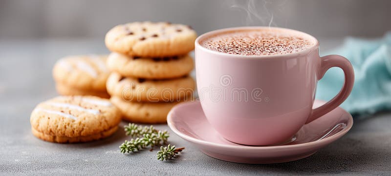 AI-generated Pink Cup of Hot Cocoa with Steam, Accompanied by a Stack ...