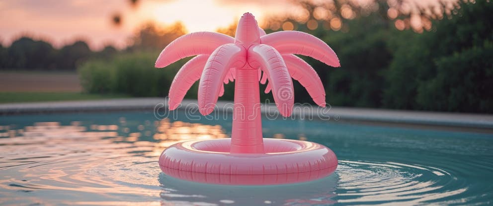 Pink Inflatable Palm Tree Float in Pool at Sunset. Stock Image - Image ...