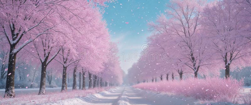 Pink Snow Falling on Snowy Trees Lining a Path Stock Photo - Image of ...