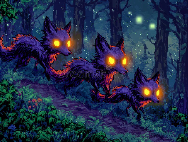 AI-generated Pixel Art of Three Mystical Foxes with Glowing Eyes in a ...