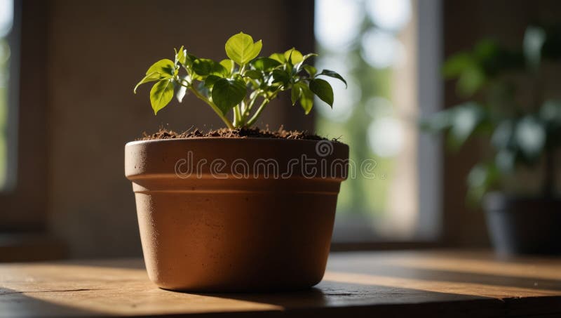 A Plant Pot on the Table Where the Sunlight. Stock Image - Image of ...