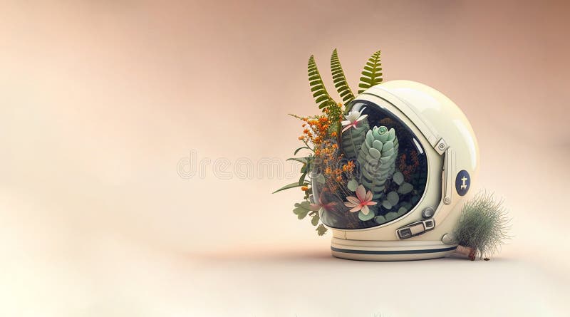 AI Generated. Plants Emerging from an Astronaut`s Helmet in a Studio ...