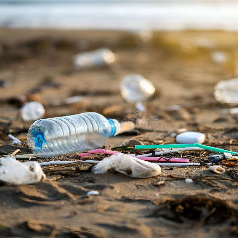 AI-Generated: Plastic Bottles, Straws, and Trash Littering a Sandy ...