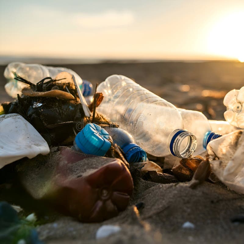 AI-Generated: Plastic Bottles and Trash Piled on a Sandy Beach Stock ...