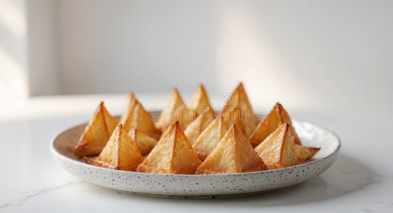 Plate of Crispy Triangular Golden Pastries Arranged on a Speckled Dish ...