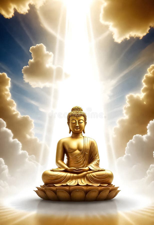 A Poster of Buddha Statue in the Sky with Rays of Light Stock ...