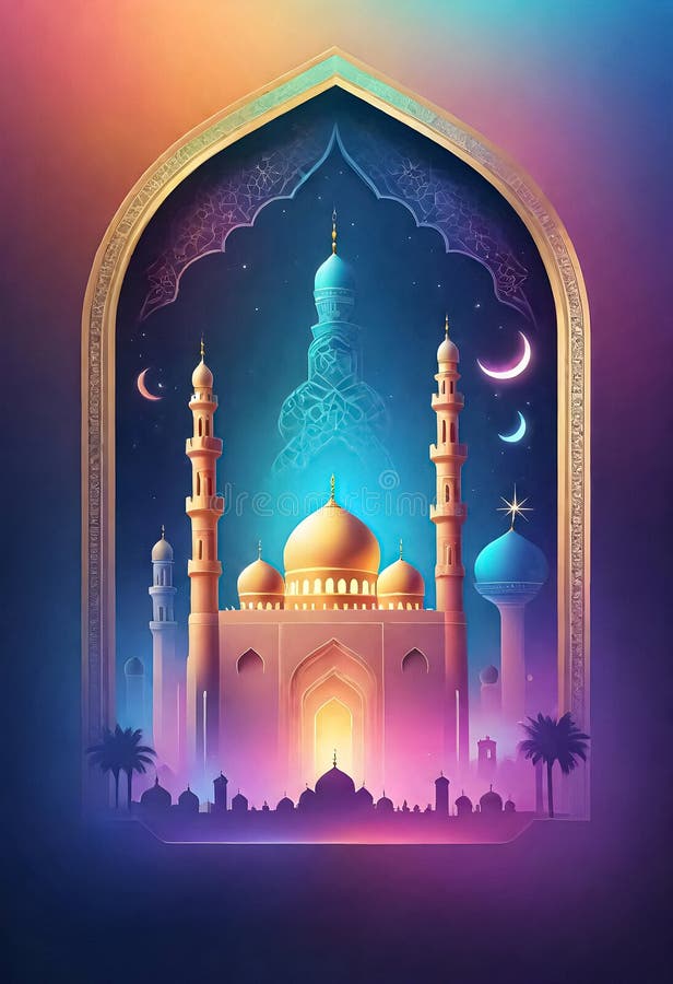 A Poster of a Mosque with a Silhouette of a Mosque and Palm Trees Stock ...