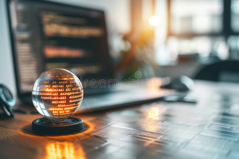AI Powered Spherical Device on a Wooden Desk, Symbolizing Advanced ...