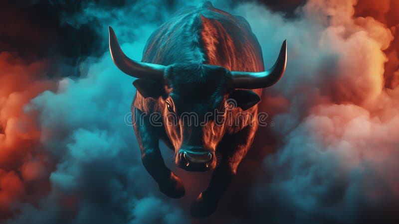 Charging Bull through Colorful Smoke Stock Illustration - Illustration ...