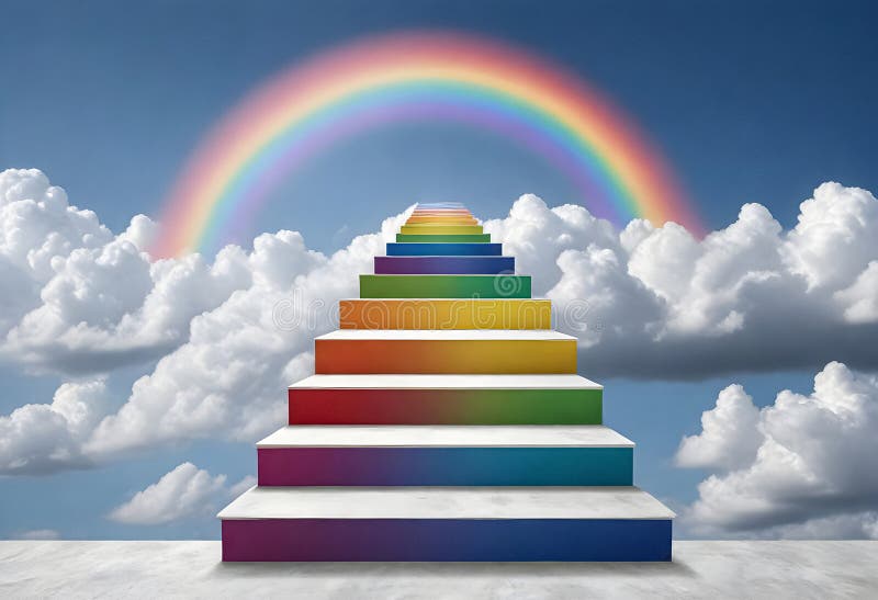 Rainbow Stairs in the Sky with Clouds and Rainbow Stock Illustration ...