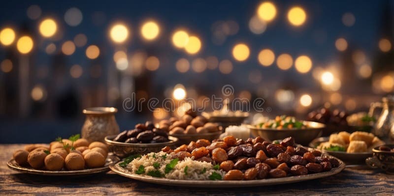 A Ramadan Feast Table Under the Evening Sky, Complete with Traditional ...