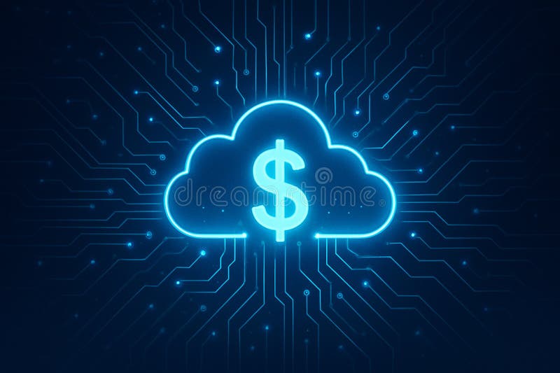 AI Generated Realistic Image with Dollar Symbol Glowing Cloud and Digital Circuits Representing ...