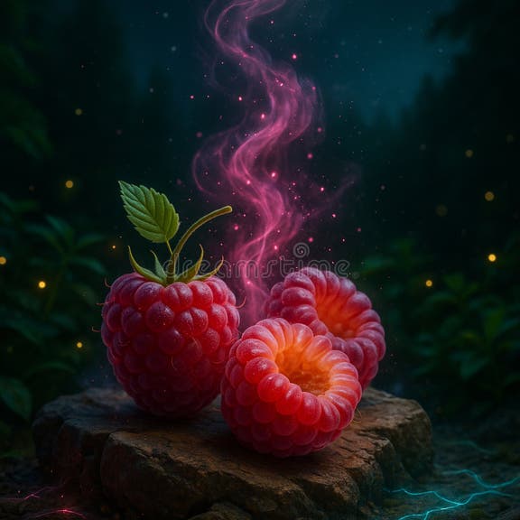 Raspberries on Stone with Magic Light Stock Illustration - Illustration ...