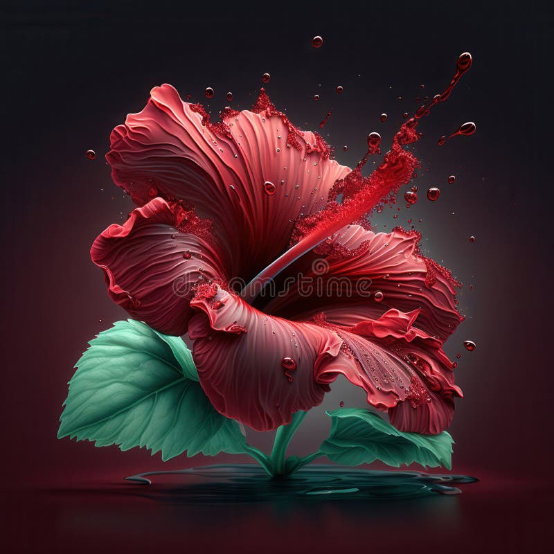 Ai Generated Red Hibiscus Flower Splashing with Liquid in 3d Render ...