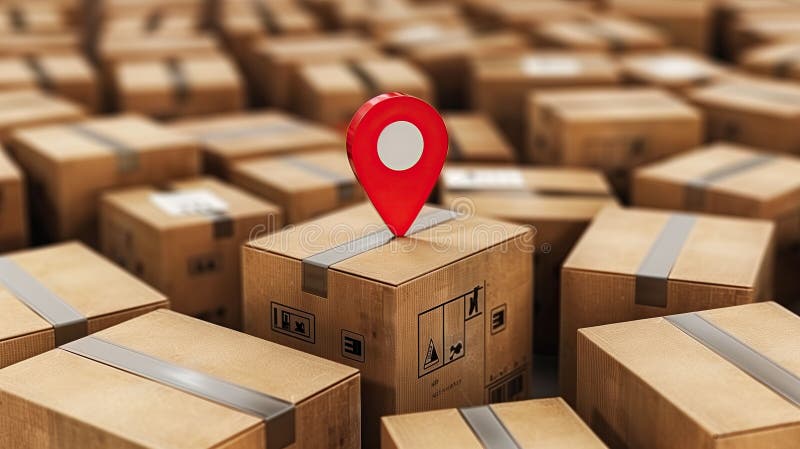Red Location Pin on a Cardboard Box among Packages. Stock Illustration ...