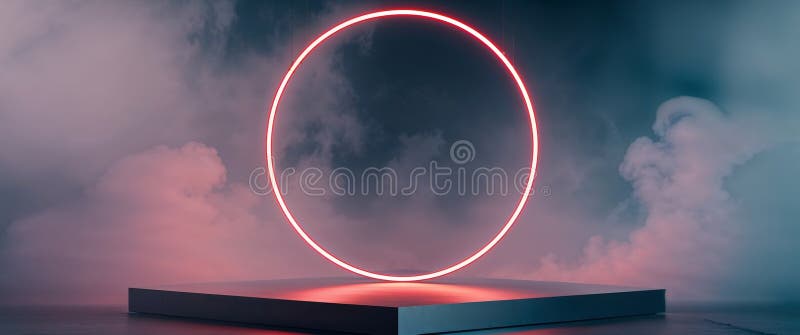 Red Neon Circle on Platform with Fog Display Background and Stage Setup ...